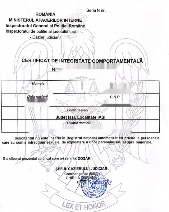 Eliberare Certificat de Integritate Comportamentala Online